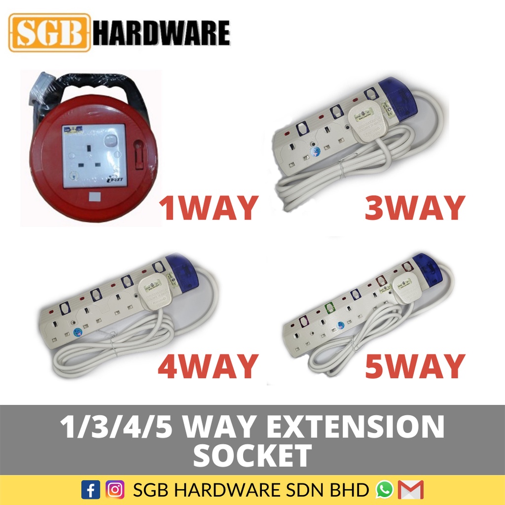 2M 5M Extension Socket Multiple Plug Adaptor Trailing w Neon Universal Adapter / 5&10Yard ...