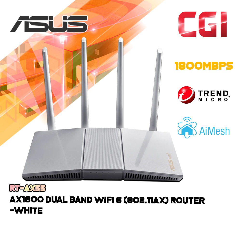 [White] Asus RT-AX55 AX1800 Dual Band WiFi 6 80MHz MU-MIMO OFDMA ...