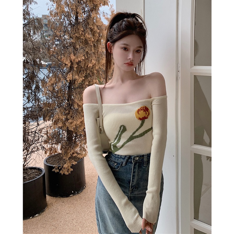 Sezo Korean Womens Clothing Sexy Slim Top Off Shoulder Long Sleeve