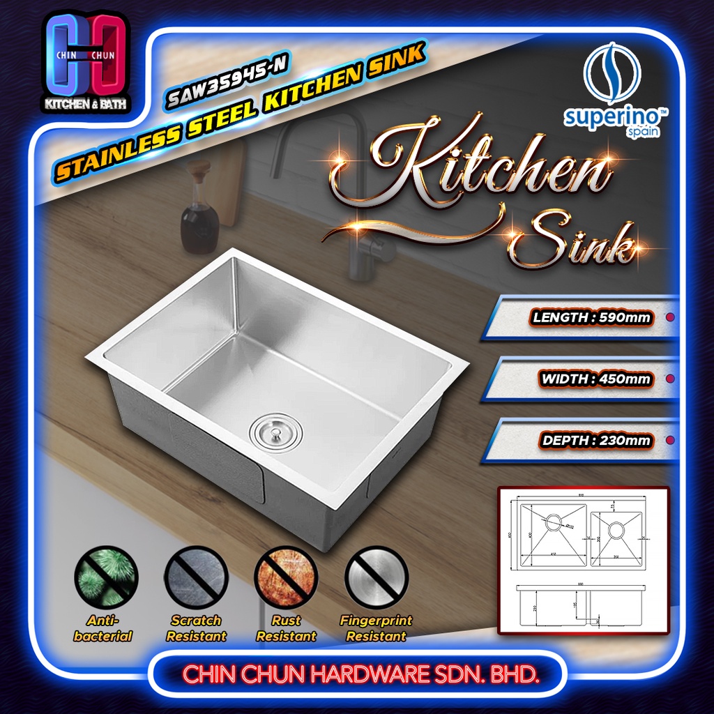 SUPERINO SAW35945-N SUS304 1 BOWL SINK (NANO) | Stainless Steel Sink ...
