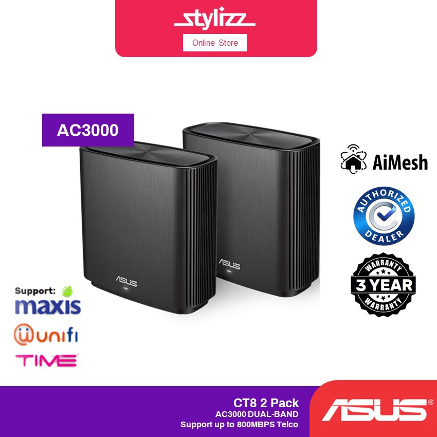 Asus ZenWiFi AC CT8 AC3000 Tri-Band Backhaul 4x Gigabit Mesh WiFi Router / AiMesh Wireless ...