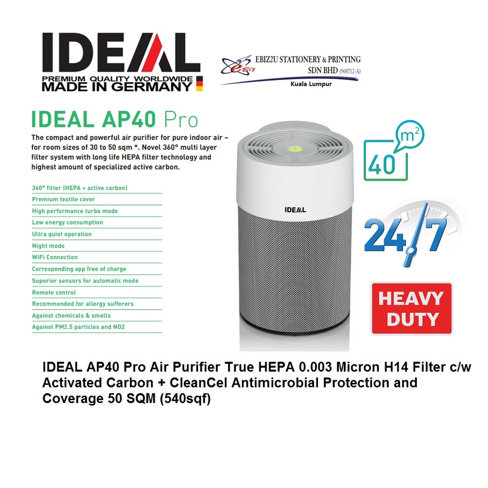 IDEAL AP40 Pro Air Purifier Coverage 50 SQM (540sqf) True HEPA 0.003 Micron H14 Filter c/w ...
