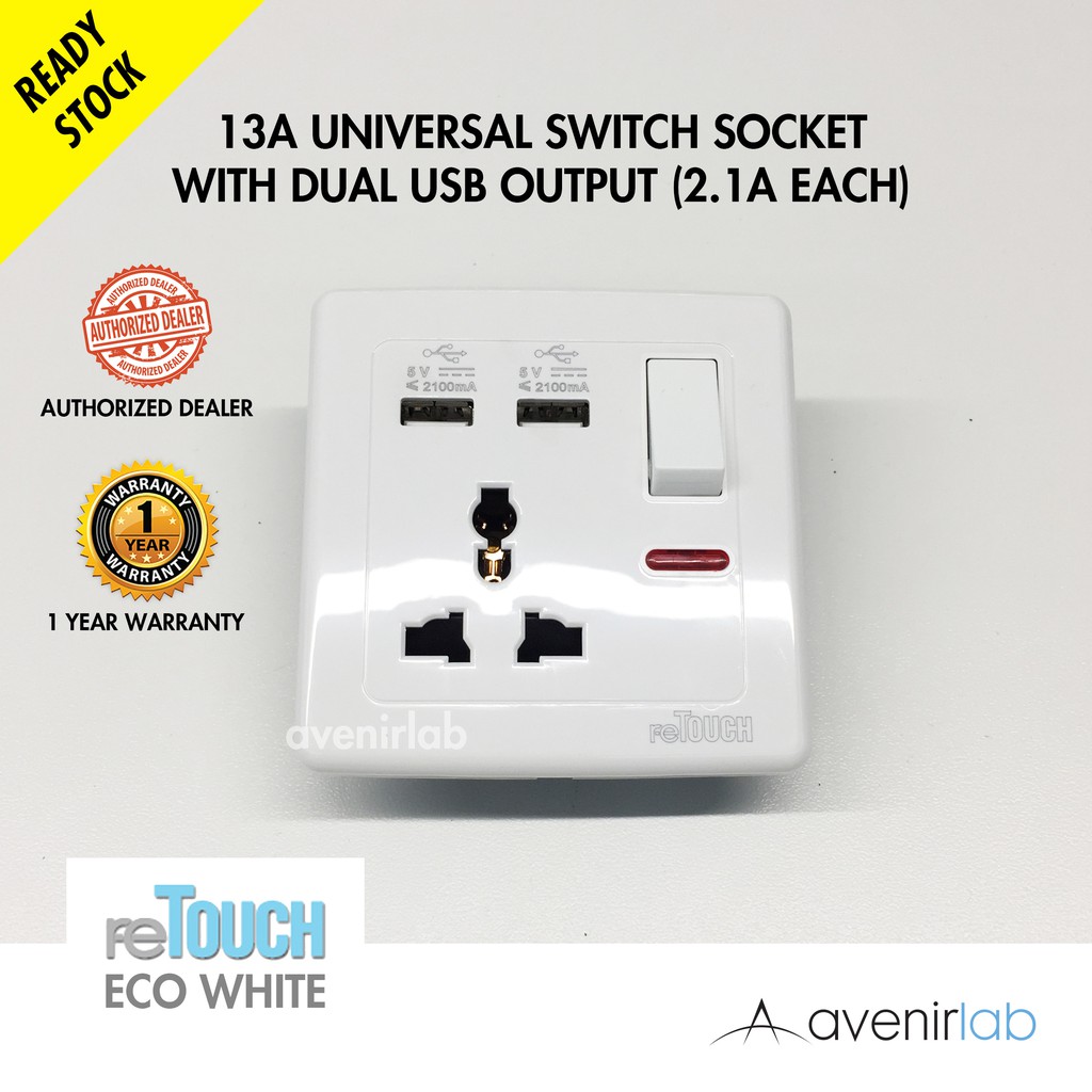 reTouch ECO WHITE Series 13A Universal Socket with Dual 2.1A USB Outlet ...