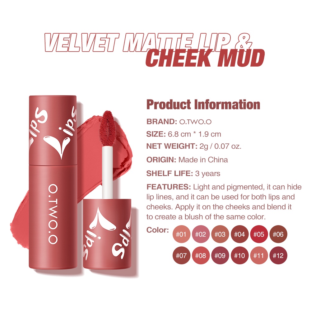 O.TWO.O Velvet Matte Liptint Lip Mud Dual-use Lip Clay High Pigmented ...