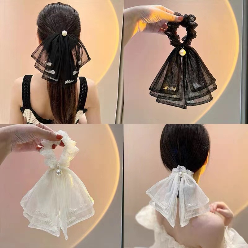 Multi-layered Bow Hair Rope Long Streamer Bow Scrunchies Three-layer ...