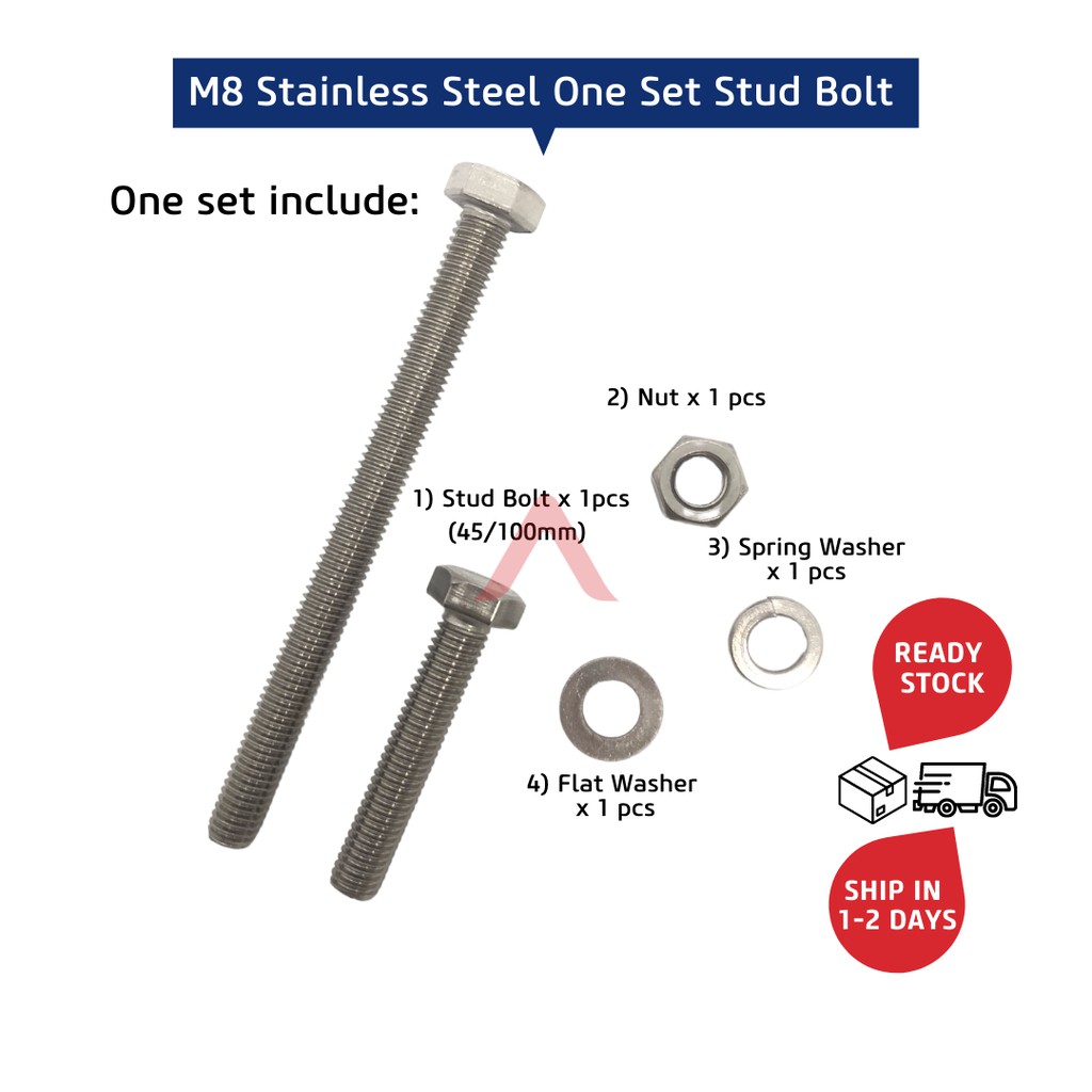 Set of SS M8 Stud Bolt with Spring Washer, Flat Washer and Hex Nut (Stainless Steel) | Shopee ...