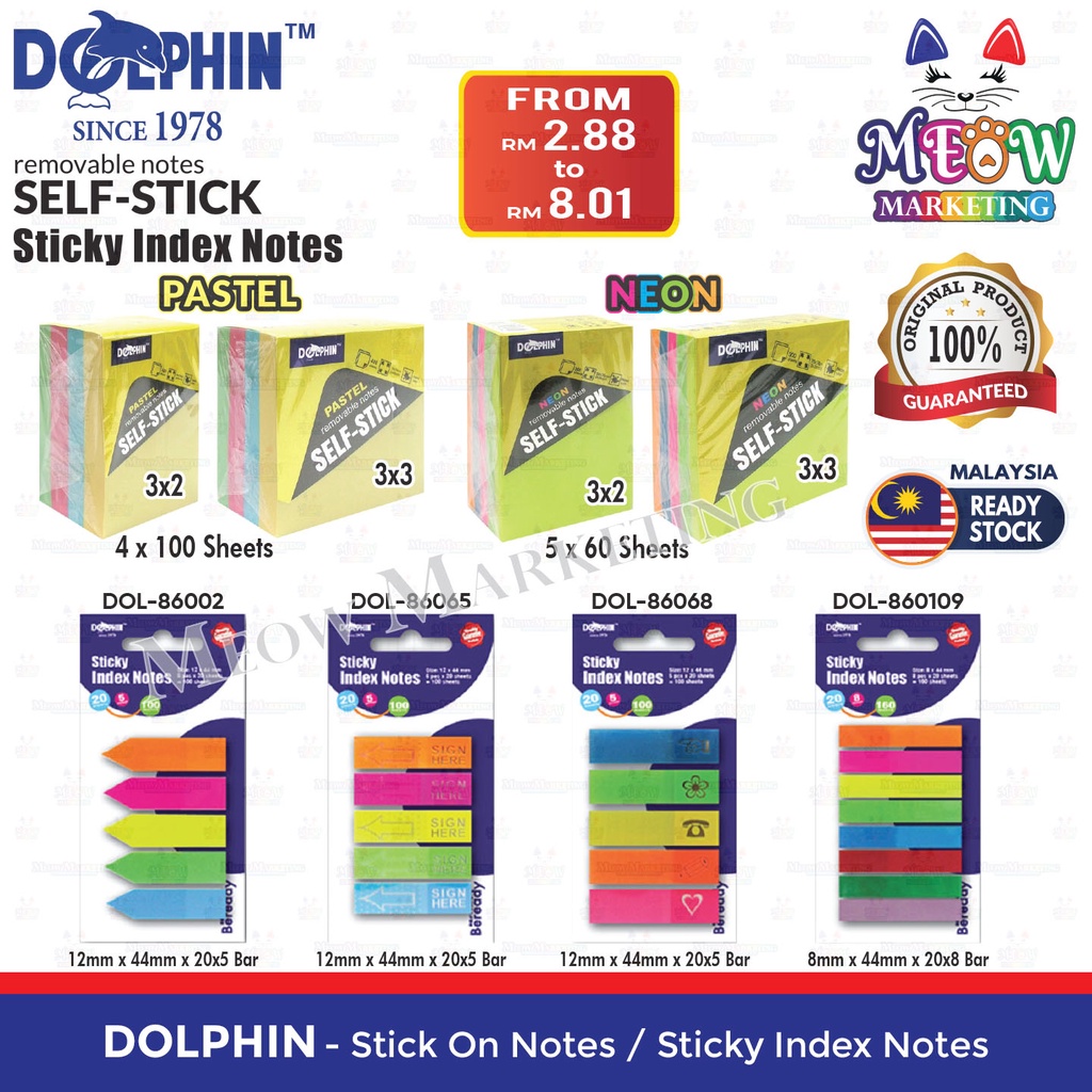 Dolphin Self Stick Notes / Sticky Index Notes - Pastel Colour / Neon ...