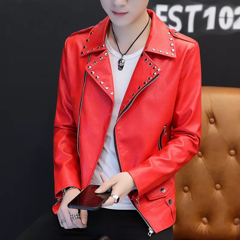MERAH PRIA Men's Synthetic Leather Red Jacket Rock N Roll LD.67 Semi ...