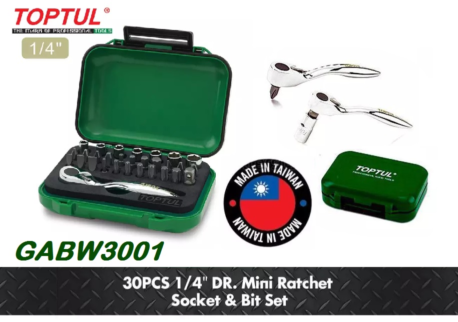 Toptul Professional Grade 30pcs 1/4" Mini Ratchet Socket & Bit Set ...