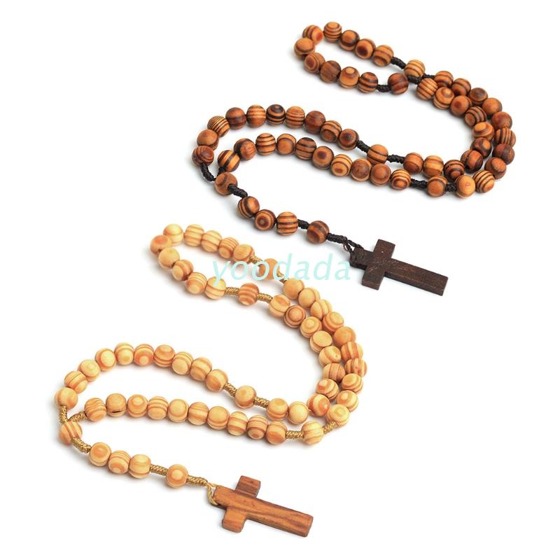 yoo Wooden Grain Beads Jesus Cross Rosary Necklace Carved Rosary ...
