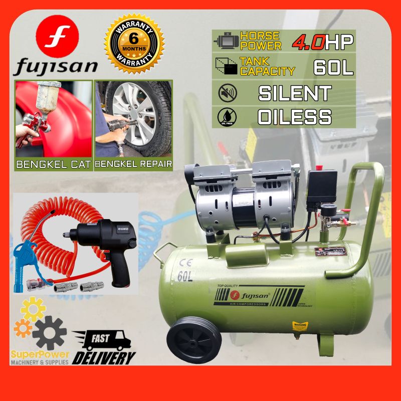 FUJISAN JAPAN 60L 4.0HP Oil-Free Silent Air Compressor Mesin Angin Pump ...