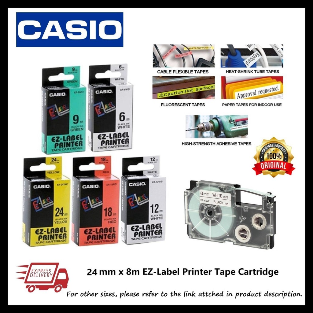 Casio EZ-Label Printer Tape Cartridges 6 / 9 / 12 / 18 / 24mm x 8m ...