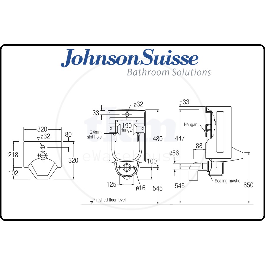 JOHNSON SUISSE SANTANA 320 TOP INLET WALL HUNG URINAL BOWL / CERAMIC ...