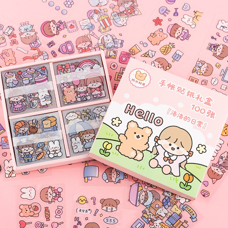 100 Sheets Per Box Cute Sticker Cartoon Girl PET Waterproof Sticker ...