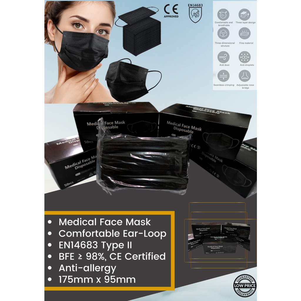 Face Mask Black Medical 3-Ply (Disposable) 50 PCS/Box Anti Allergy Face ...