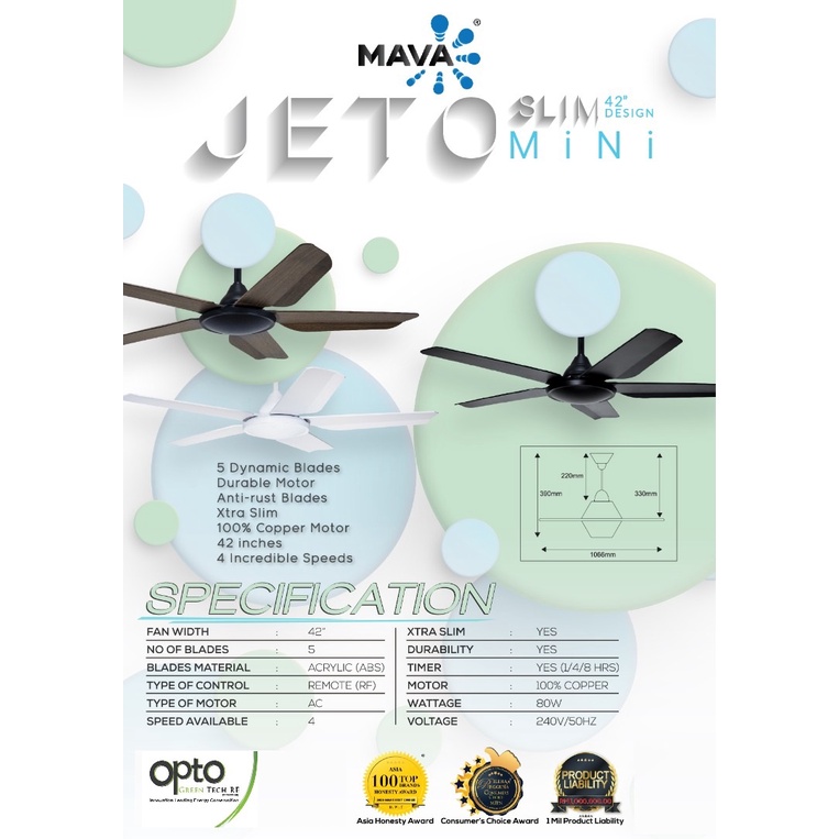 MAVA JETO MINI 42" / 5 Blade / 4 Speeds Ceiling Fan With Remote Control ...