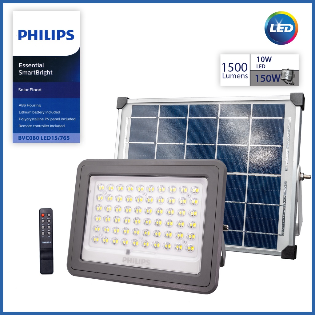 PHILIPS ESSENTIAL SMARTBRIGHT SOLAR FLOODLIGHT BVC050 LED15/765 WITH REMOTE CONTROL | Shopee ...