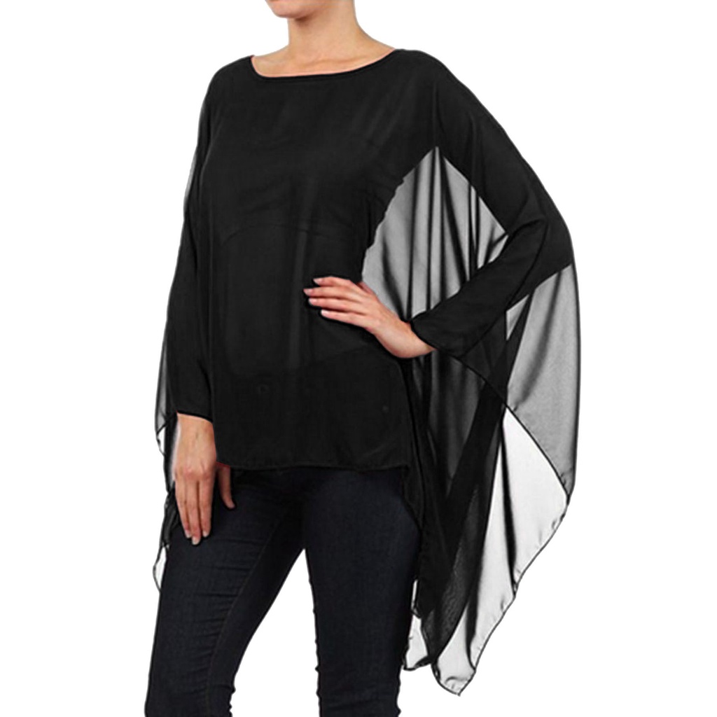 Butterfly-Sleeve Chiffon Poncho - Black | Shopee Malaysia