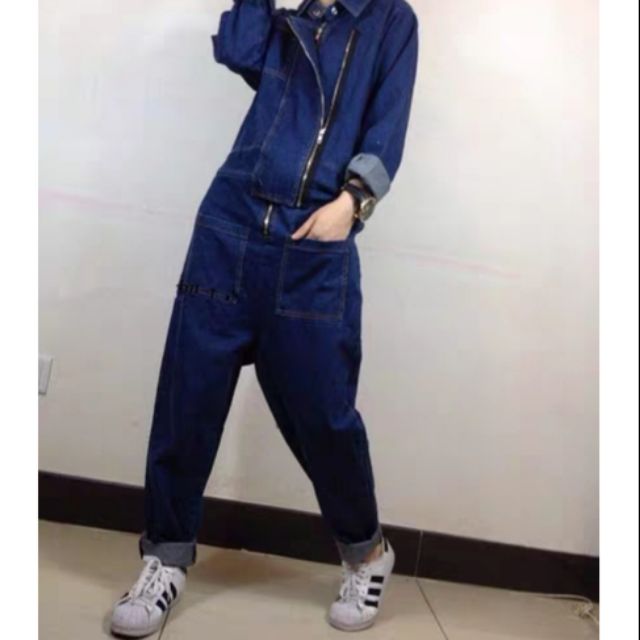 Men & women's couples same denim long sleeve zipper overalls jumpsuit ...