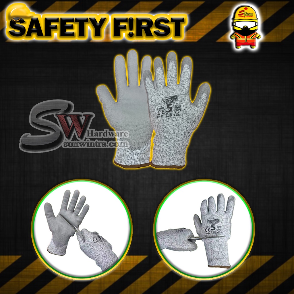 SW Hardware Heavy Duty Cut Resistance CUT 5 PU COATED HPPE GLOVE Safety ...