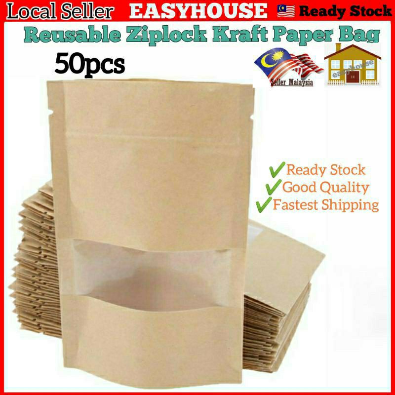 🔥50pcs🔥Ziplock Packing Goodies Doorgift Bag Kraft Paper Food Packaging ...