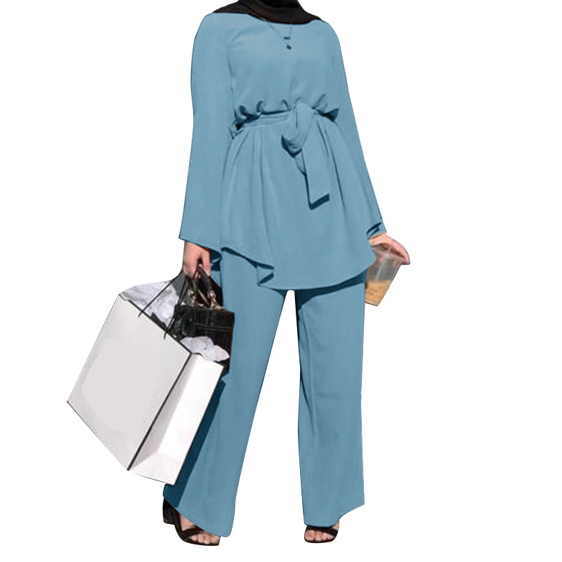 ZANZEA Two Piece Sets Tops and Pants Women Muslim Abaya Lace-up Kaftan ...