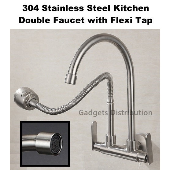 304 Stainless Steel Wall Mounted Double Faucet Flexible Water Tap 1 in ...