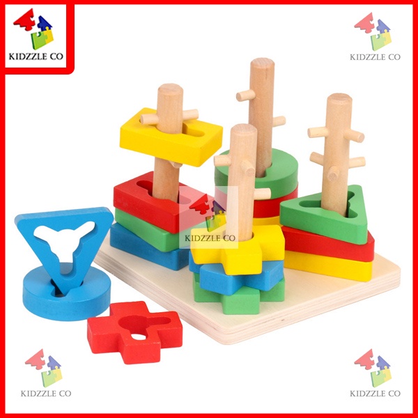 Four Wooden Building Blocks Geometric Shape Educational Toy Geometric ...