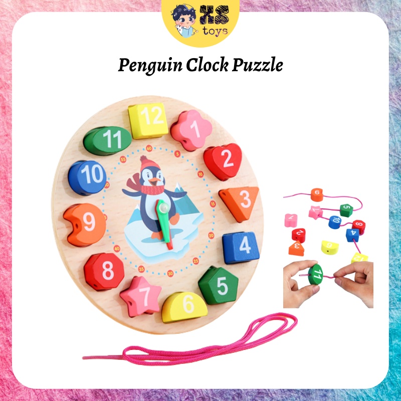 Wooden Alphabet Penguin Clock Early Learning Puzzle For Kids Number ...