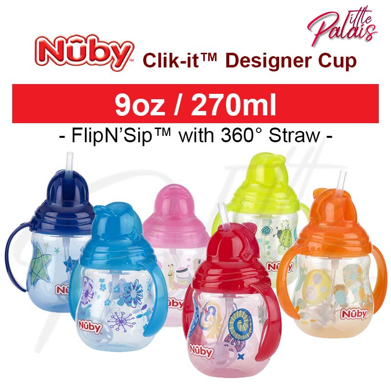 Nuby Designer Weighted Straw Cup Flip N' Sip Clik-It 9oz Botol Air No Spill Training Cup Anti ...