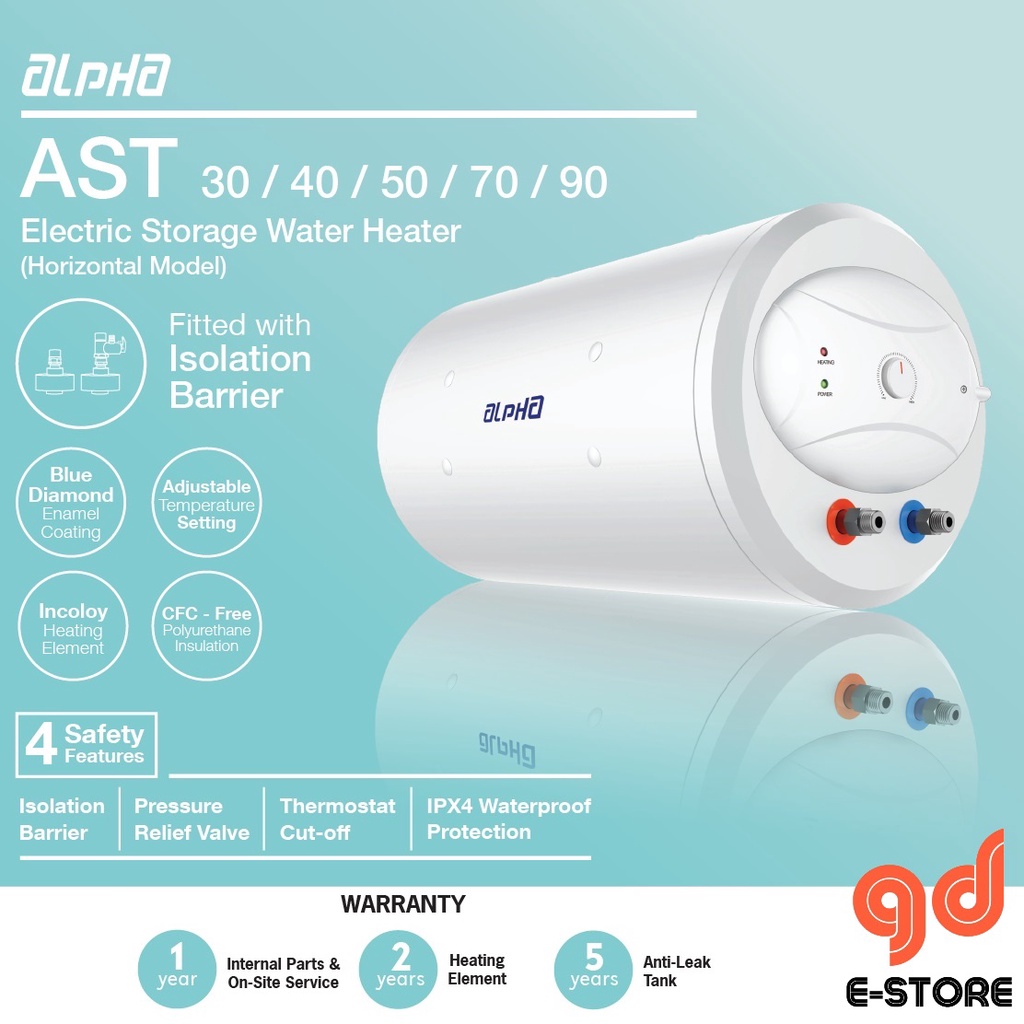 Alpha Electric Storage Water Heater Horizontal Model AST 30 / 40 / 50 / 70 / 90 Liters AST30 ...