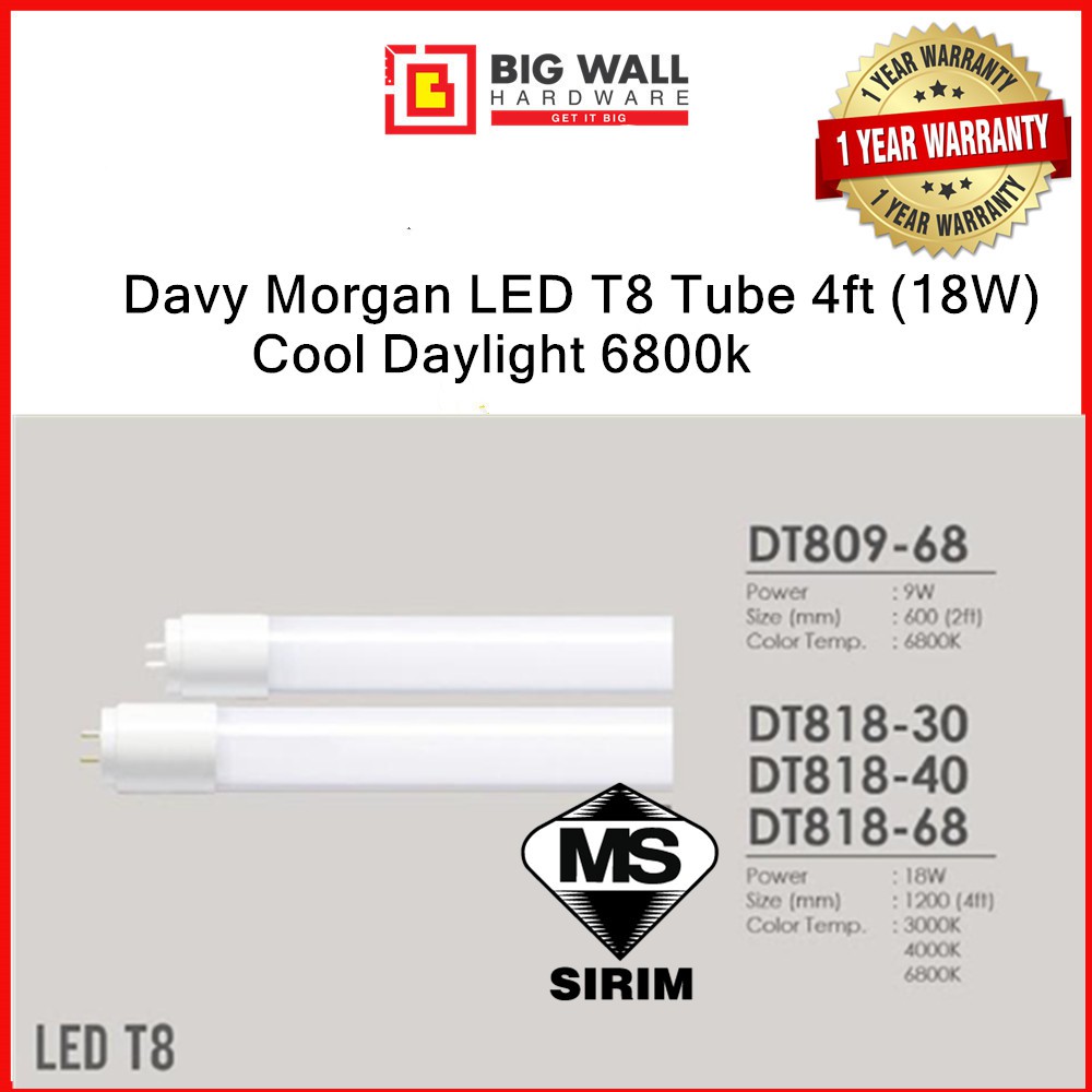 Davy Morgan LED T8 Tube 4ft (22W) Cool Daylight/Cool White/Warm White ...