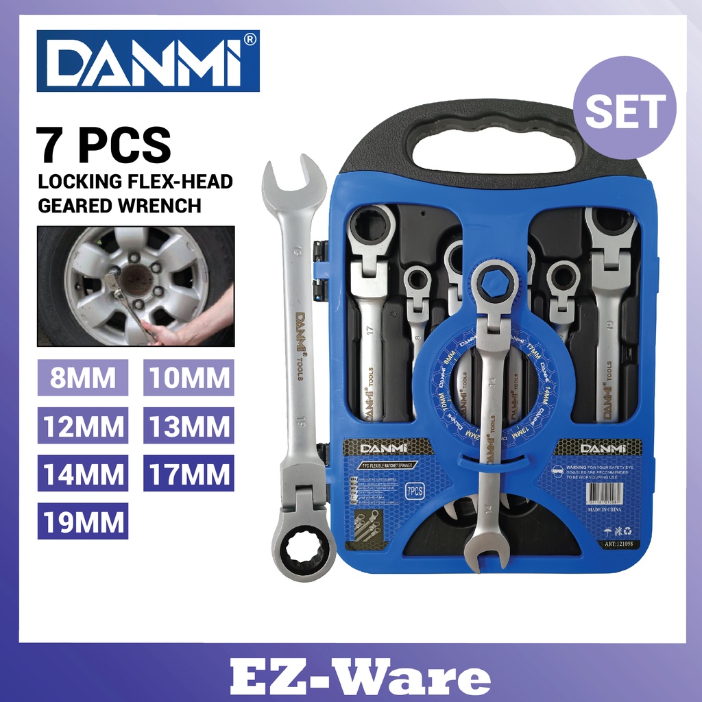DANMI 7pcs Locking Flex-Head Gear Socket Spanner Nut Tool Reversible ...