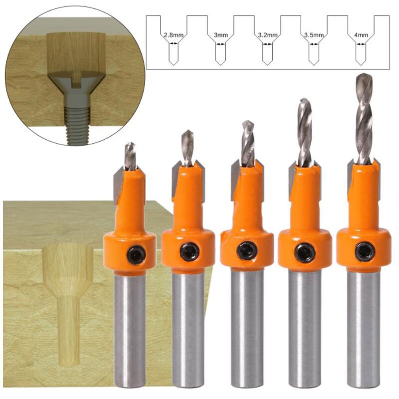 5pcs Carbide 8mm Shank Countersink Router Drill Bits Set WoodWorking ...