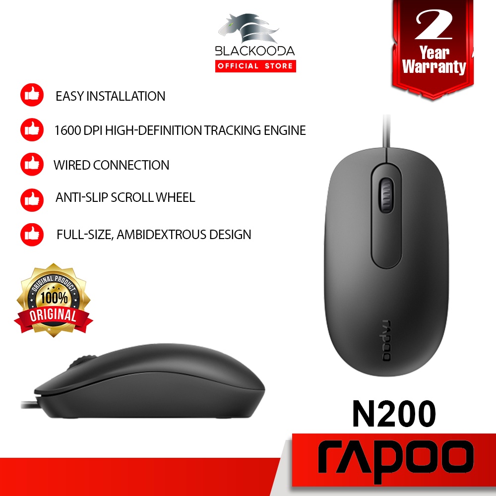 Rapoo N200 Optical Wired Mouse - 2 Year Warranty ( BLACK ) | Shopee ...