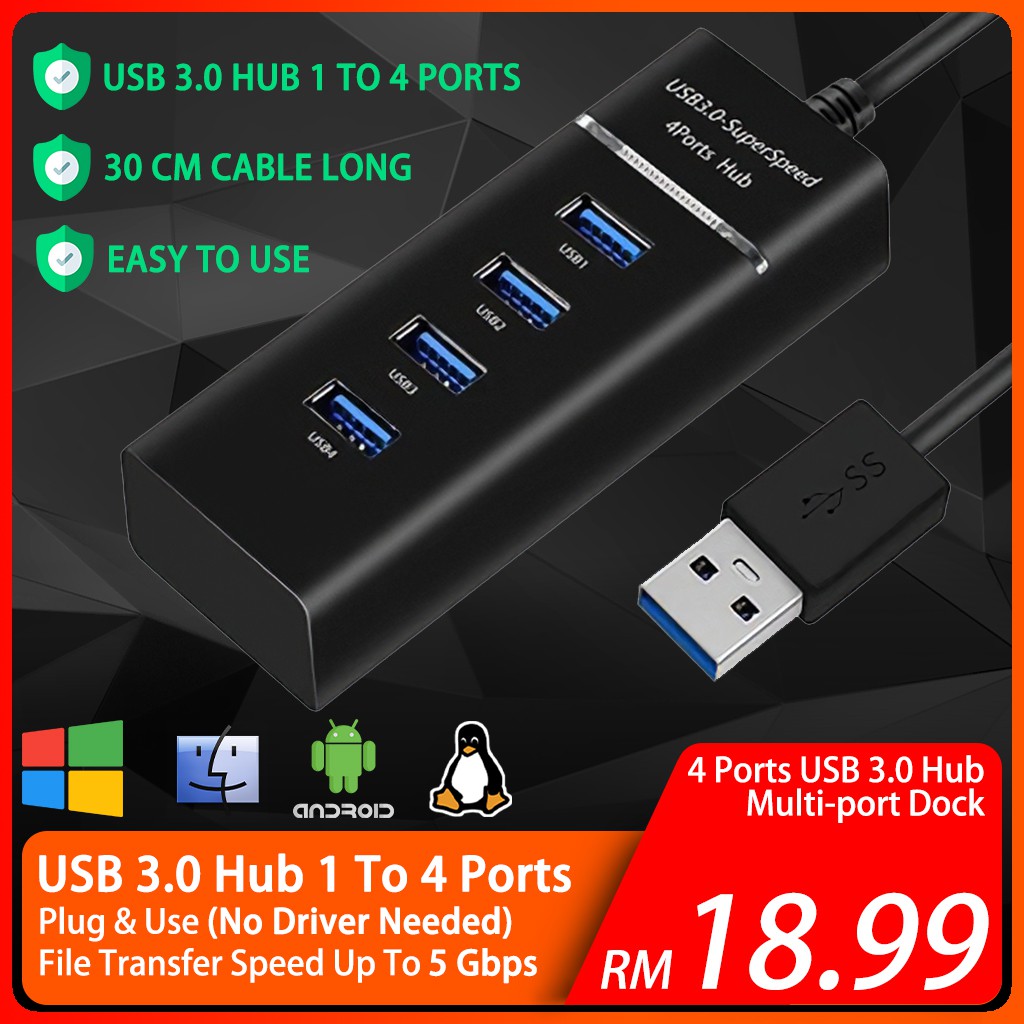 USB 3.0 Hub 4 Ports Multi-port Dock Extension Adapter External ...