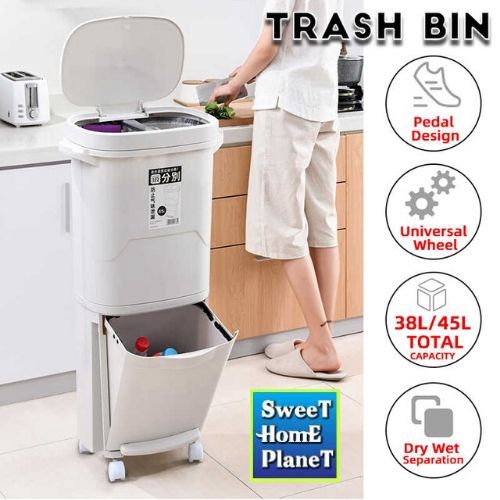 38/45L Larger Capacity 2 Layers Trash Cans Wet and Dry Garbage Sorting ...