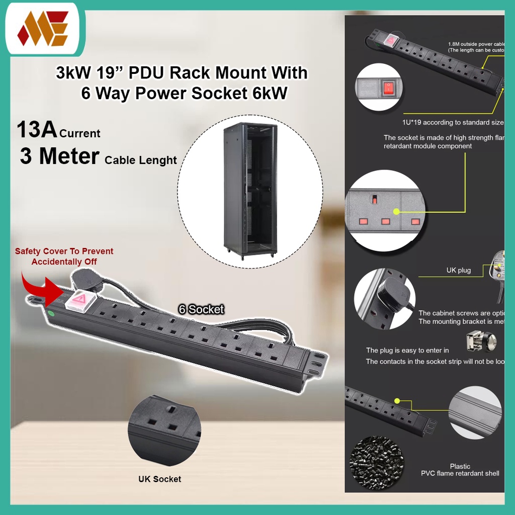 13A Power Distribution UK Plug For Server Rack Mount 1.8M 1U 19" PDU/6 Way Socket/Power Strip ...