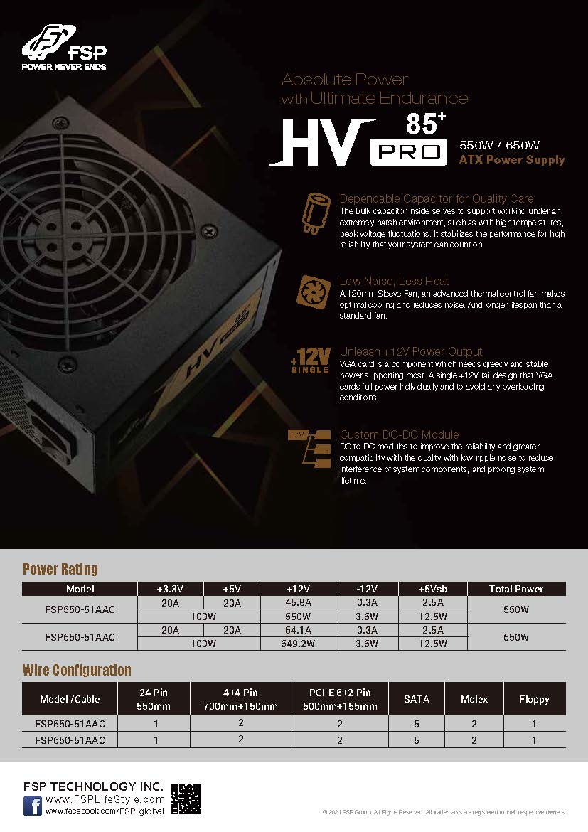 FSP HV Pro 85+ 80 Plus 230V Bronze Non Modular Power Supply 550W/650W ...