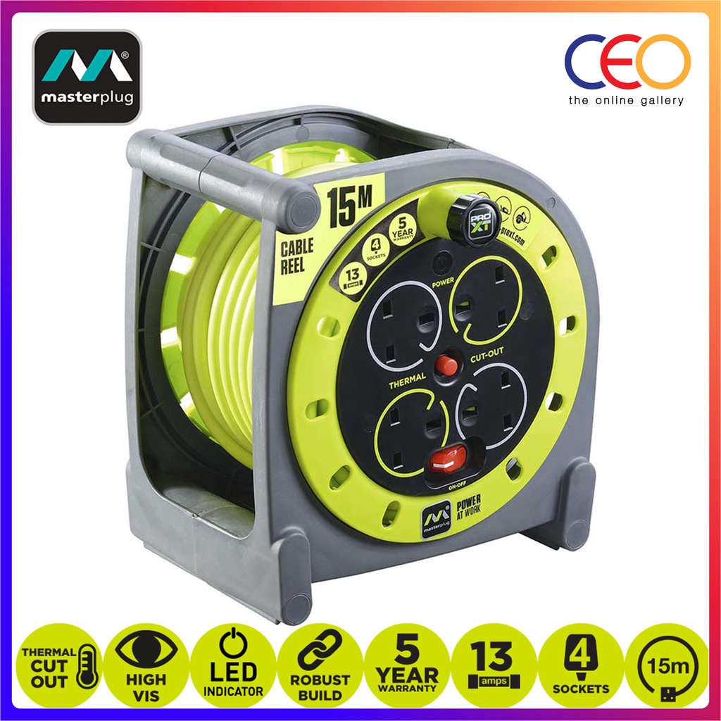 Masterplug Pro-XT 15 Meter 4 Gang Case Reel Portable Extension PVC ...