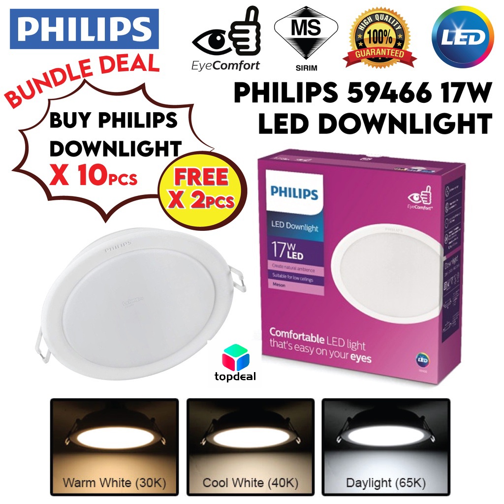 PHILIPS LED DOWNLIGHT 13W/17W 3000K/4000K/6500K BUY 10 FREE 2 | Shopee ...