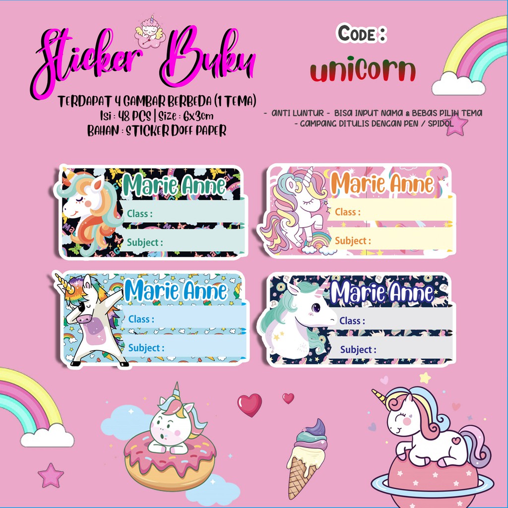 Custom Book Stickers / Stickers with UNICORN Theme Character Names ...