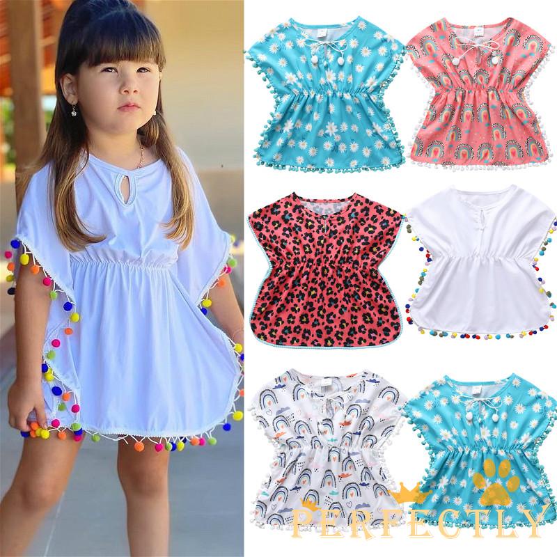 PFT-Kids Beach Dress, Rainbow Print Round Collar One-Piece Sundress ...