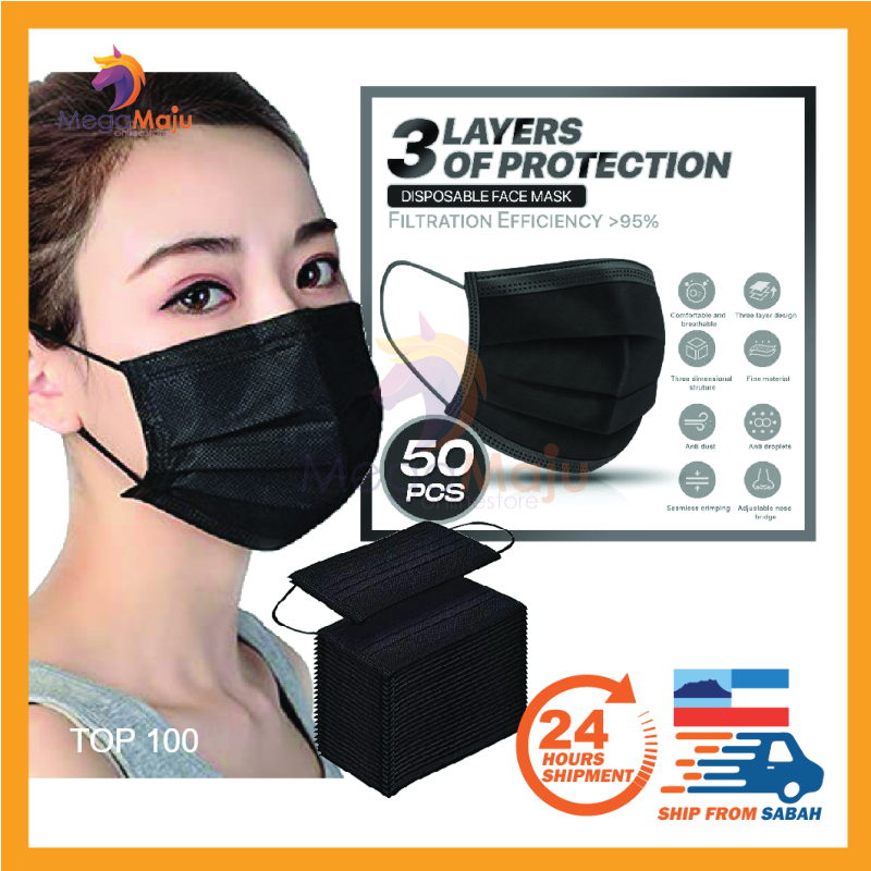 [SABAH] Ready Stock 1box 3ply 50pcs Full Black Disposable Adult Face ...
