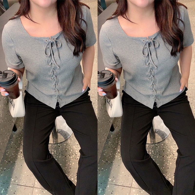 【40-120kg胖妹妹】大码女装3-200斤胖mm设计感绑带夏季短袖纯欲风洋气方领辣妹上衣 【M-5xl fat bigsize oversize shirts】 | Shopee Malaysia