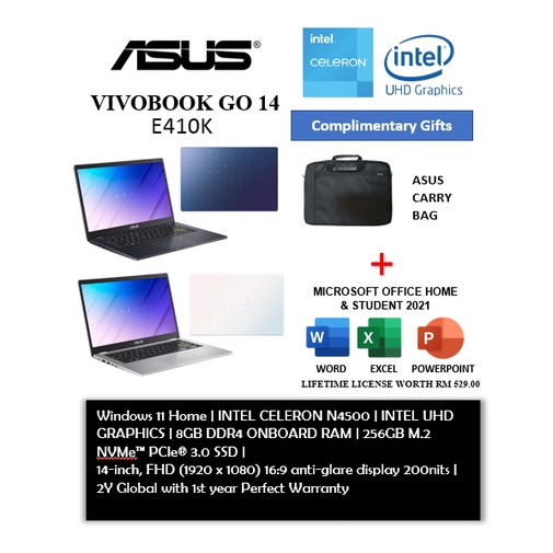 ASUS VivoBook Go 14 E410K SERIES LAPTOP (N4500/8GB RAM/256GB SSD/14 ...
