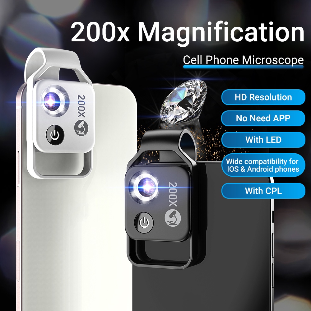 APEXEL HD 200X microscope lens with CPL mobile LED guide Light Lamp ...