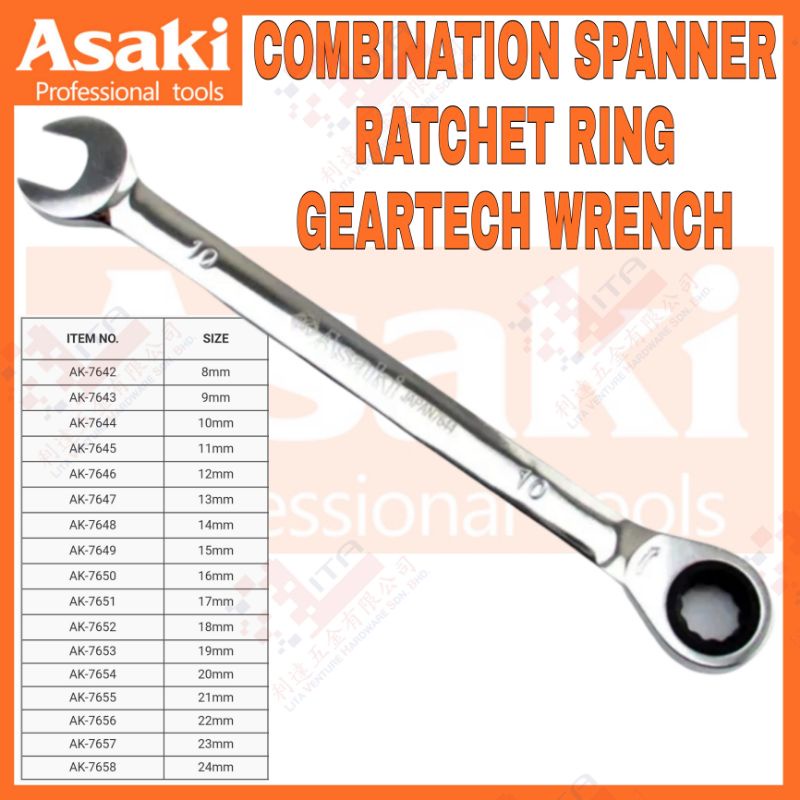 ASAKI JAPAN HEAVY DUTY HIGH PROFESSIONAL CR-V CHROME RATCHET SPANNER ...