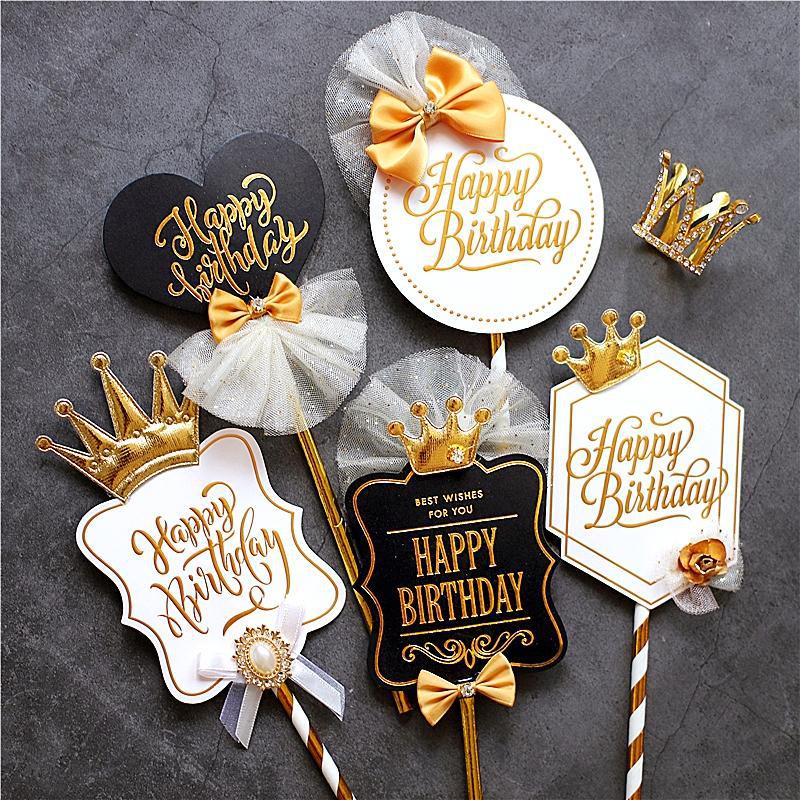 Cake Topper Black Gold Love Crown Heart Shape Paper Happy Birthday ...
