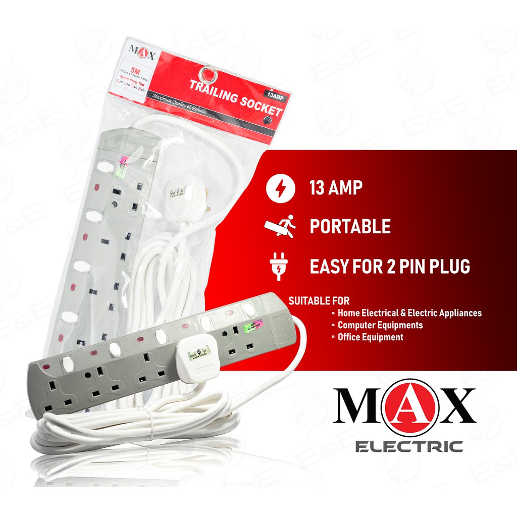MAX TRAILING SOCKET EXTENSION 5 Gang / 5G ( 5 Meter ) | Shopee Malaysia